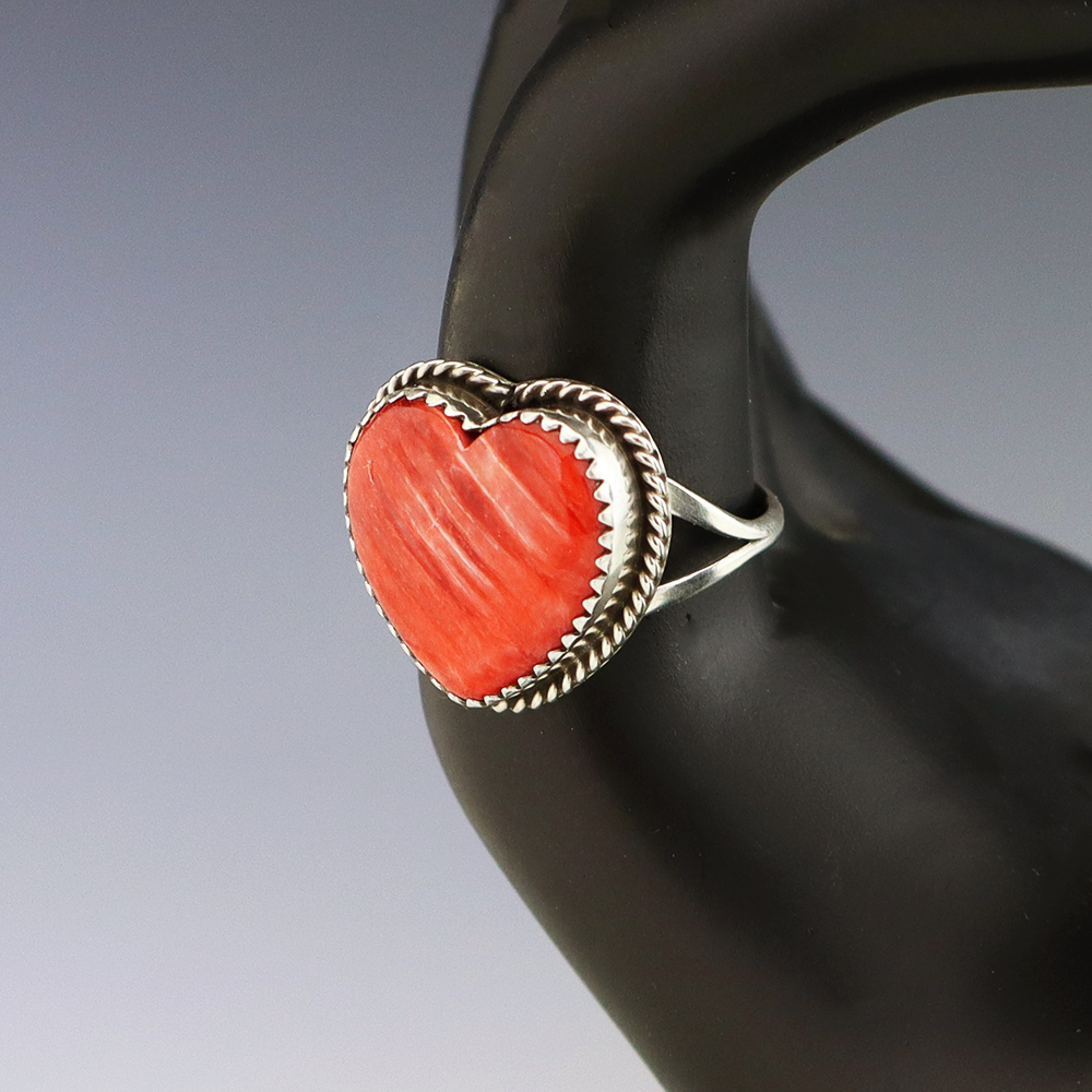 NAVAJO STERLING SILVER & SPINY OYSTER HEART RING BY PRISCILLA SMITH 9 ...