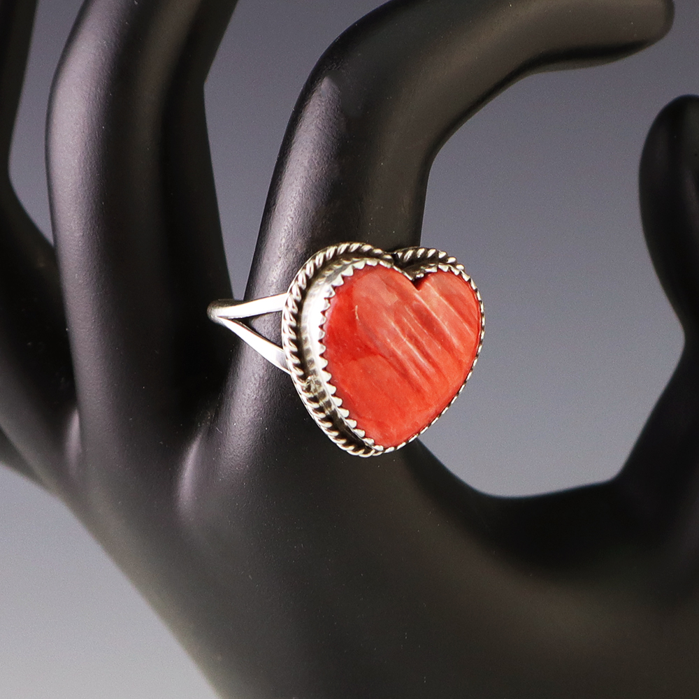 NAVAJO STERLING SILVER & SPINY OYSTER HEART RING BY PRISCILLA SMITH 9 ...