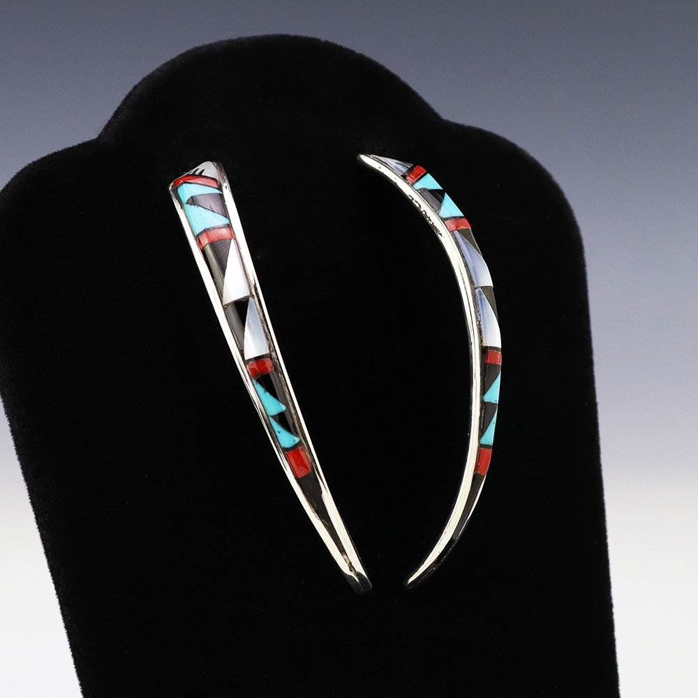 NATIVE AMERICAN ZUNI STERLING SILVER & INLAY EARRINGS BY PHYLLIS LUCIO ...